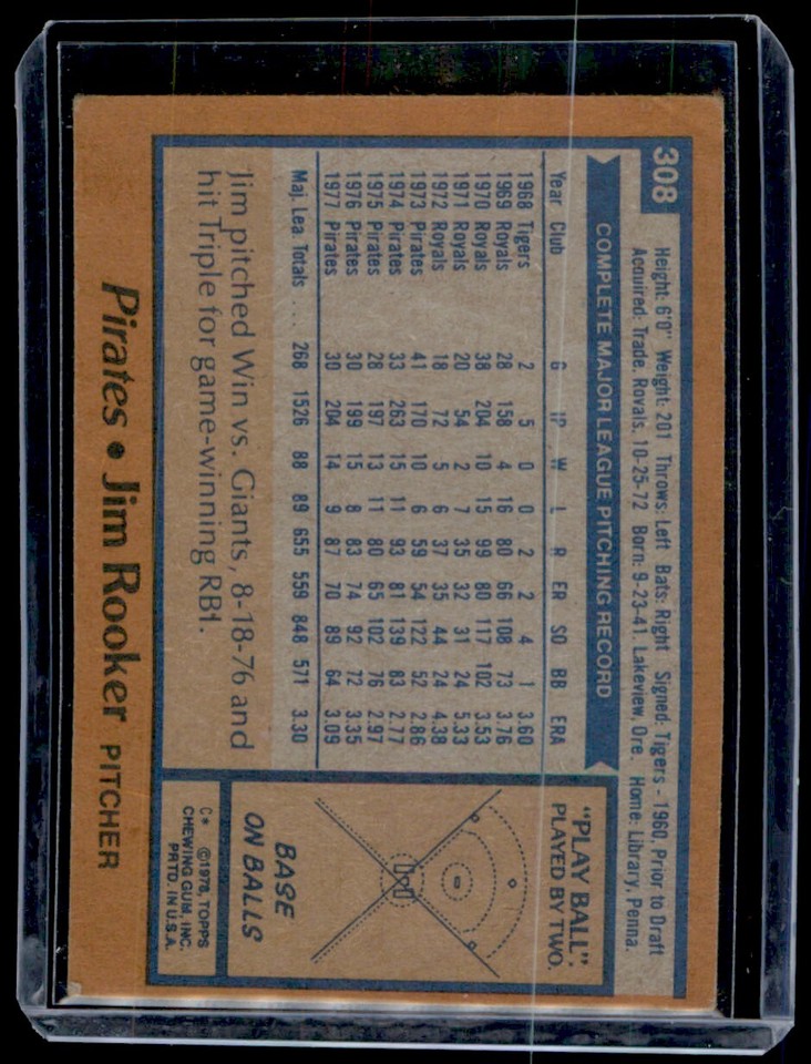 1978 TOPPS JIM ROOKER PITTSBURGH PIRATES #308 | eBay