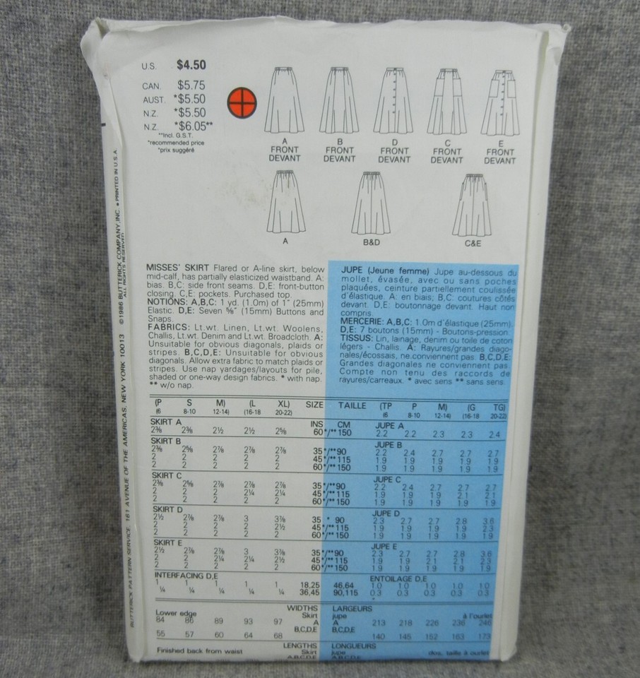 Butterick 3826 Misses Skirt flared A-line pockets size 16 18 20 22 ...