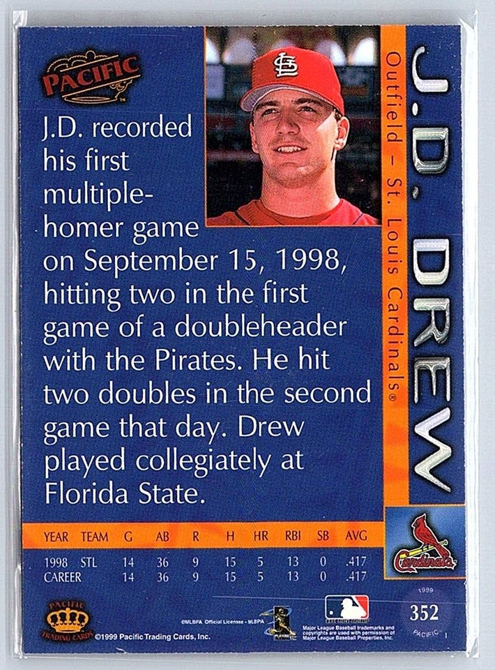 J.D. DREW CARDINALS RC 1999 PACIFIC #352 | eBay