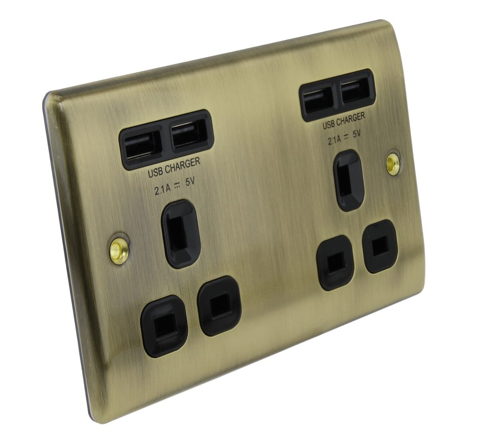 BG Nexus 13A Unswitched Double Socket with 4x USB Charger Antique Brass ...