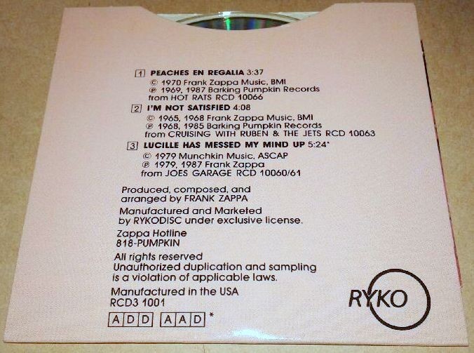 FRANK ZAPPA-PEACHES EN REGALIA-3-TRACK-3 INCH CD SINGLE-(Psychedelic ...