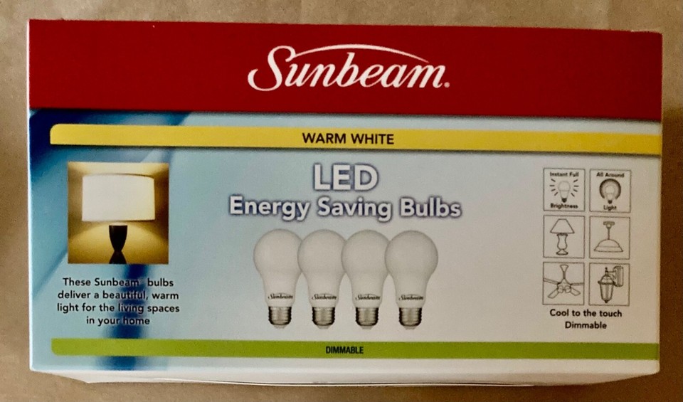 4 Pack Sunbeam 60W Warm White LED Energy Saving Bulbs 120V/Medium Base ...