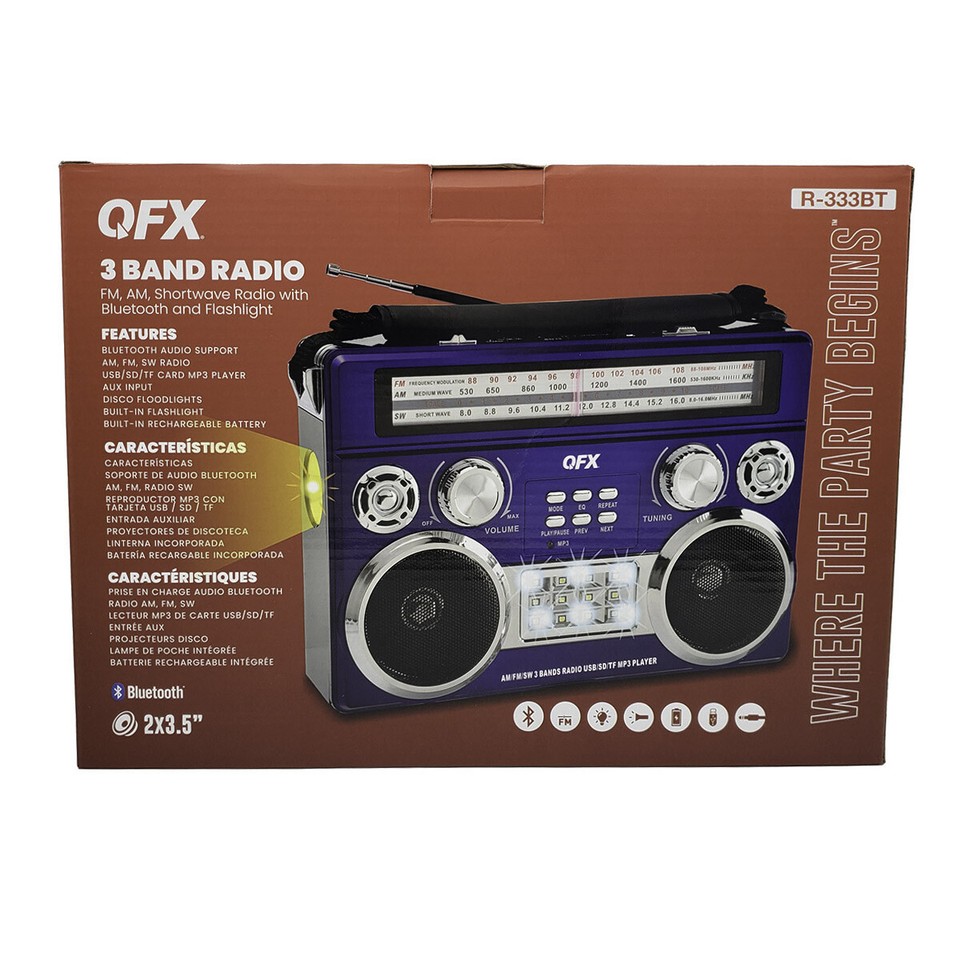 New QFX Portable Retro AM/FM/SW 3-Band Radio With Flashlight Bluetooth ...