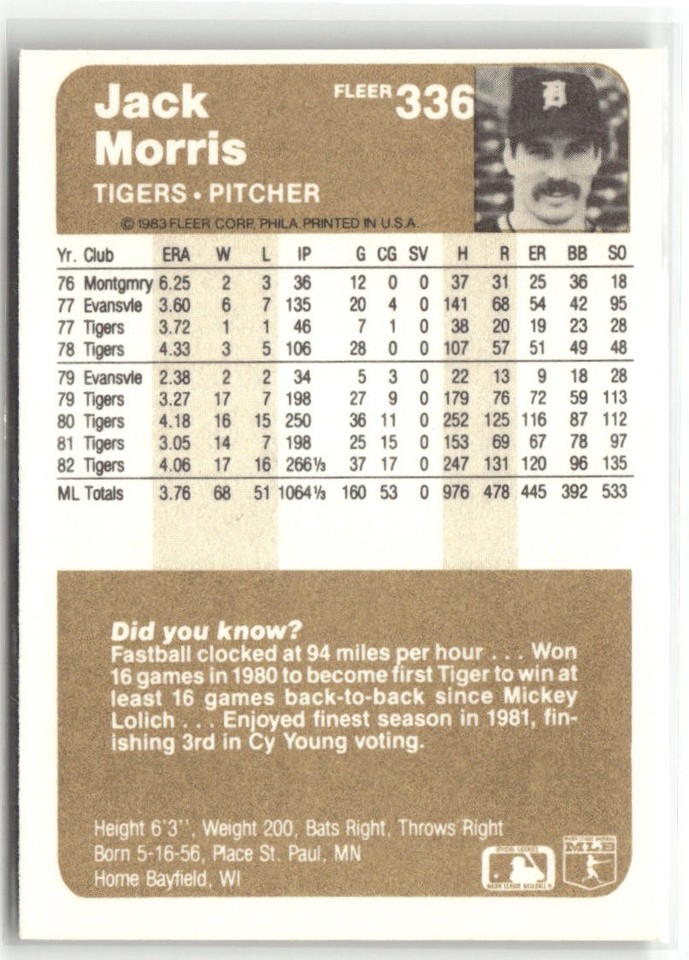 1983 FLEER #336 JACK MORRIS DETROIT TIGERS | eBay