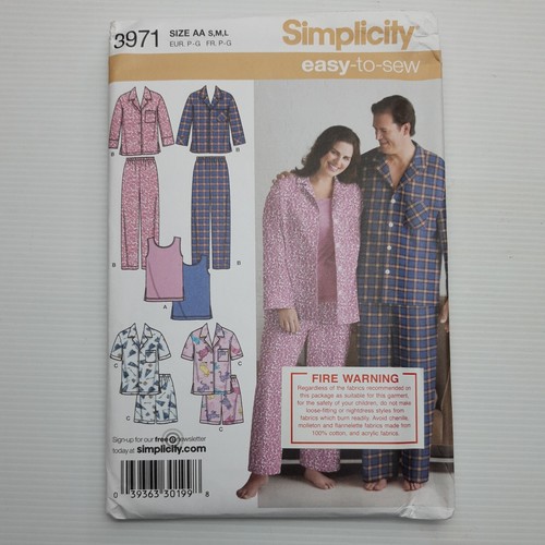 Simplicity Sewing Pattern 3971 Unisex Adult Pyjamas Pants Tops Size S-L ...