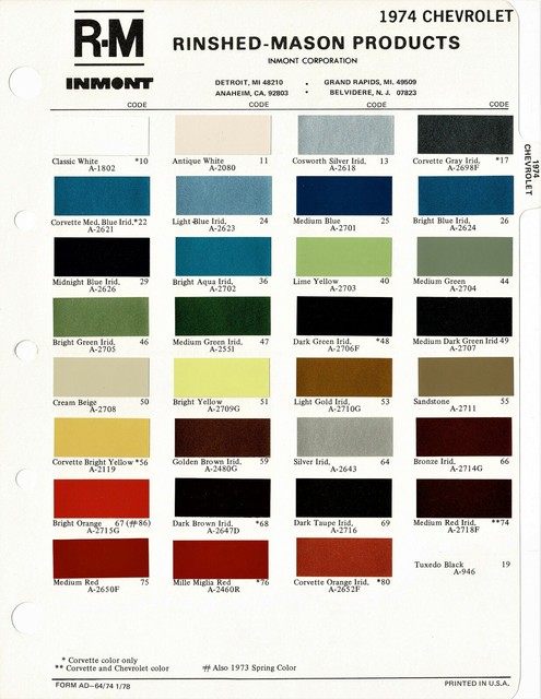 1974 CHEVROLET CORVETTE CAMARO CAPRICE MONTE CARL0 NOVA VEGA PAINT ...