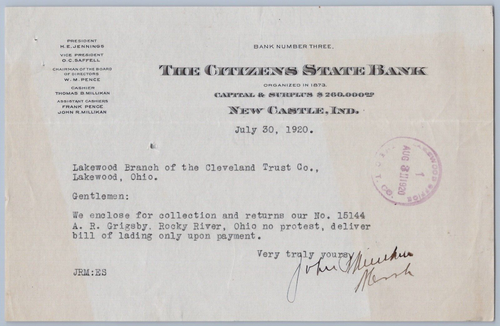 1920 Citizens State Bank Letterhead New Castle Indiana Banking Finance ...