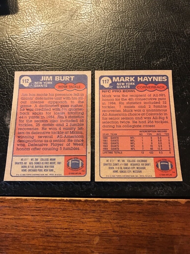 1985 Topps - Mark Haynes & bonus card Jim Burt. NY Giants | eBay