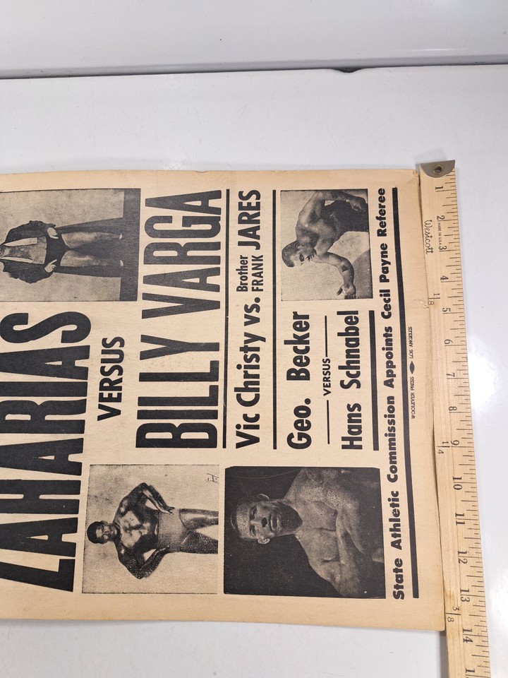 Vintage Wrestling Poster 1950's: Billy Varga Vs. Chris Zaharias 22x14in ...
