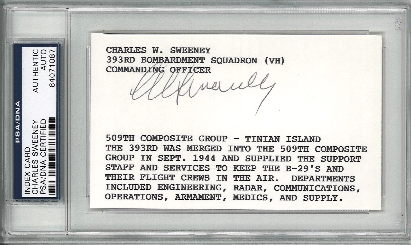 CHARLES SWEENEY SIGNED INDEX CARD PSA DNA 84071087 (D) WWII PILOT ...