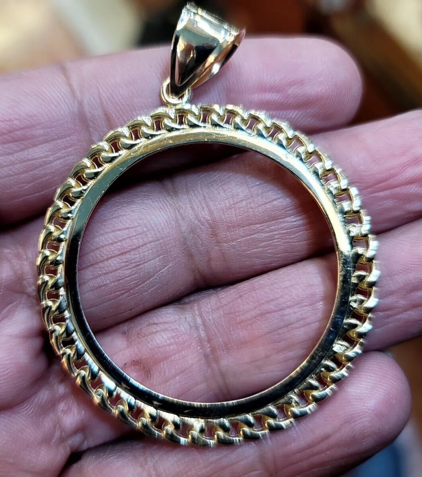 0 GOLd Cuban Bezel 50 pesos pendant 14k moneda centenario frame mex ...