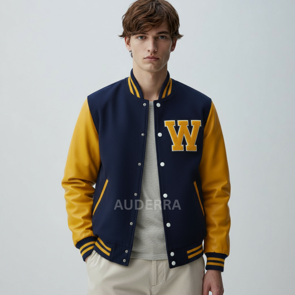 Scream Woodsboro Navy Blue Wool & Yellow Leather Letterman Men's ...