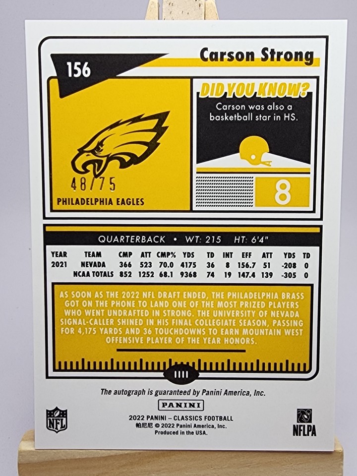 Carson Strong 2022 Panini Classics Premium 156 Signature Gold /75 RC ...