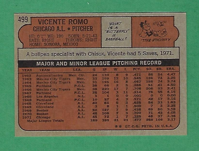 1972 Topps #499 Vicente Romo - Chicago White Sox | eBay