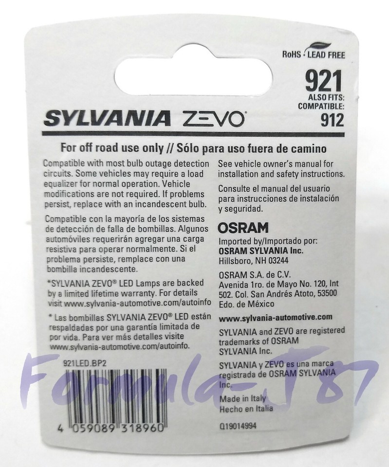 Sylvania ZEVO LED Light 921 White 6000K Two Bulbs Back Up Reverse Stock ...