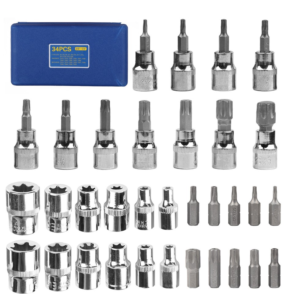 34Pcs Drive Male Female Torx Star Bit Socket E-Socket Set Handheld Tool ...