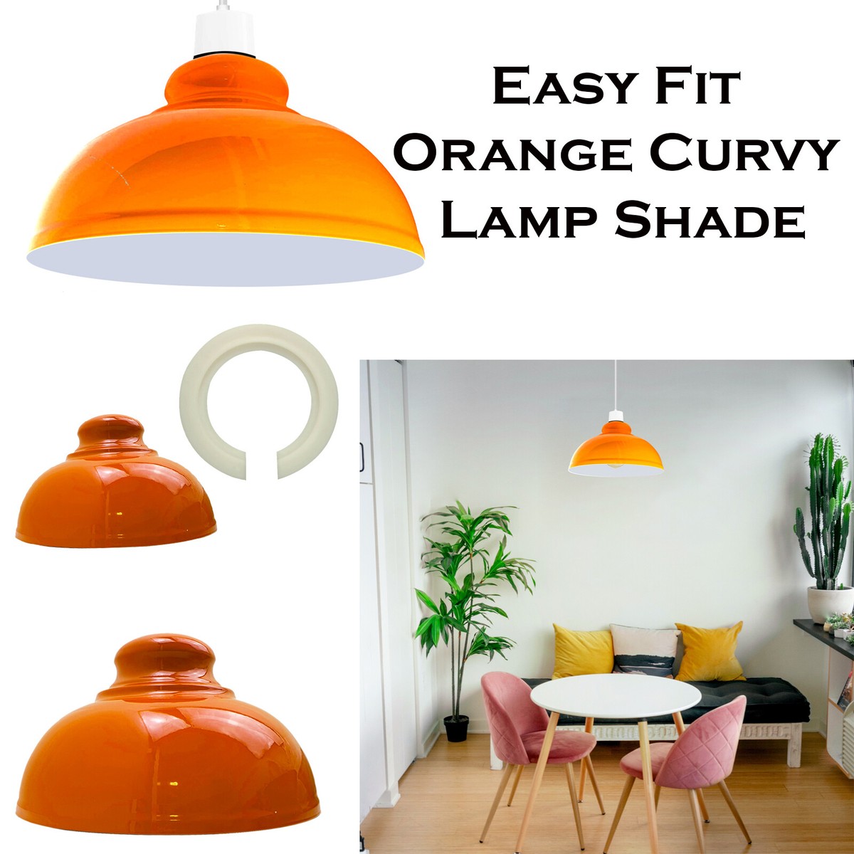Orange And Metal Pendant Light Easy Fit Metal Shade Gloss Rust/Umber