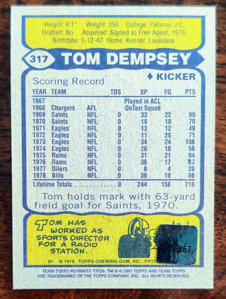 2001 Topps Team Legends Tom Dempsey Autograph Buffalo Bills | eBay