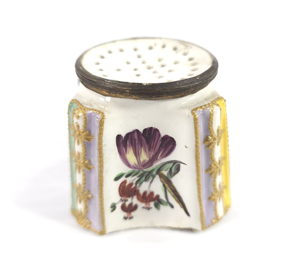 Antique Bilston Battersea Porcelain Powder Box with Painted Floral ...