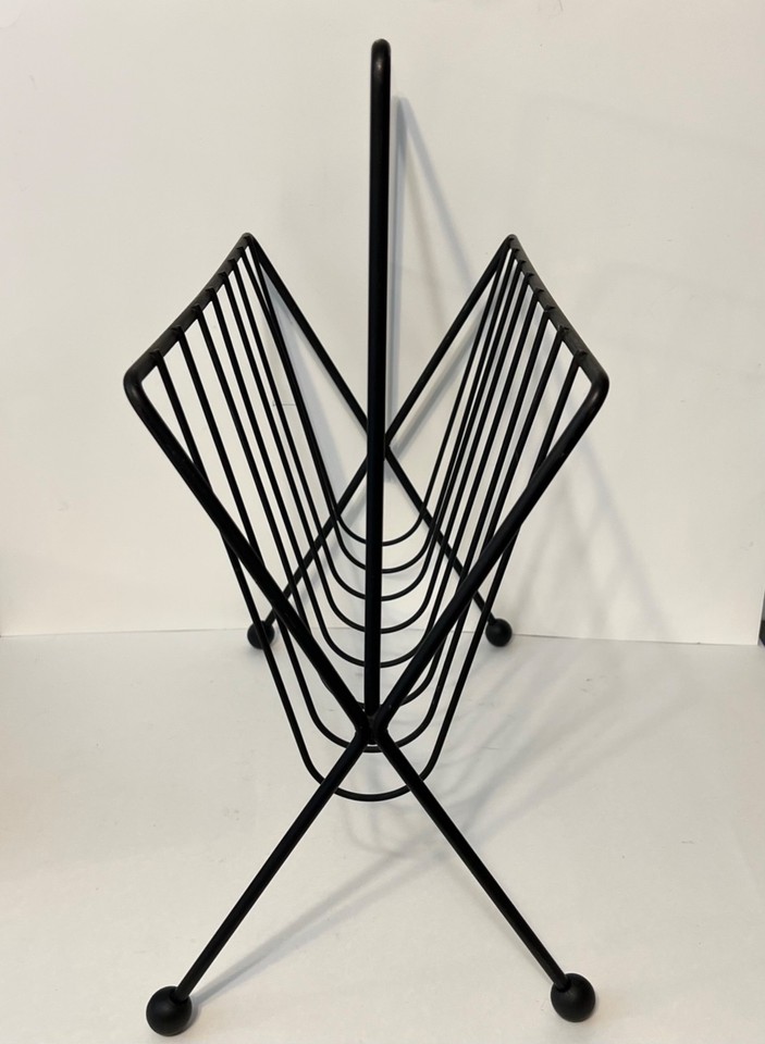 TONY PAUL BLACK STEEL ROD WOOD BALL FEET MAGAZINE RACK Mid Century ...
