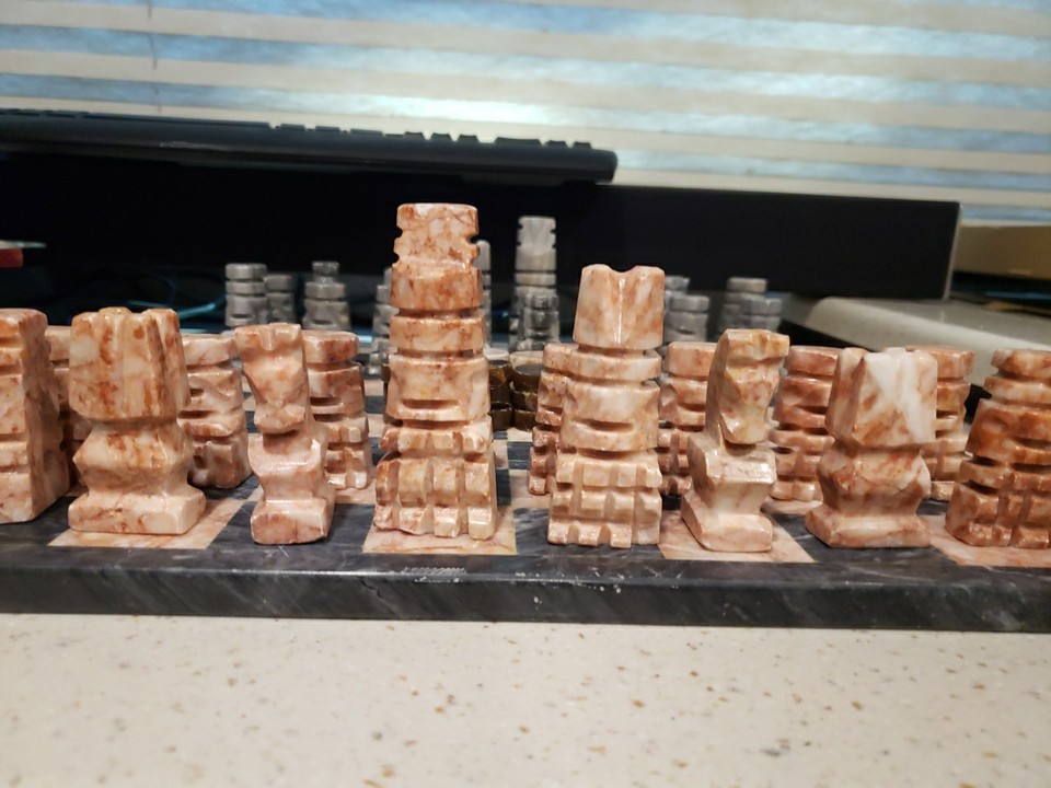 Vintage Mexican Aztec Marble Chess & Checkers Set Board Hand Carved ...