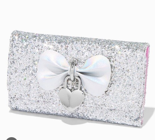 Claire’s Silver Pink Sparkling Glitter Heart Bow Wallet Locket Tri Fold ...