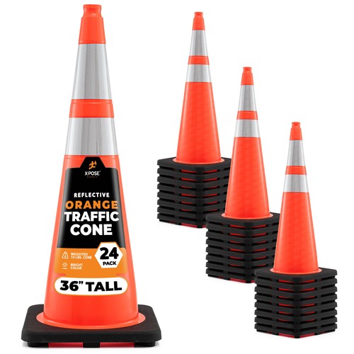 24 of Orange Traffic Cones 36 Inch w/ 6" & 4" Collars - PVC Plastic ...