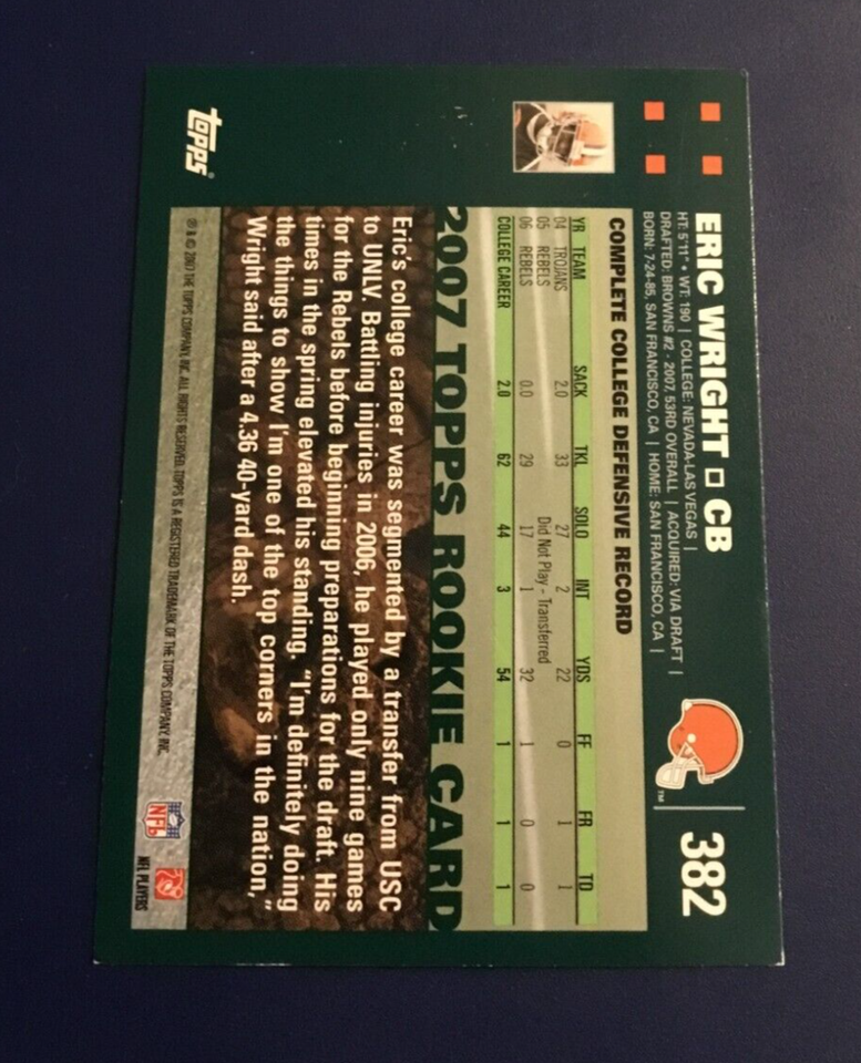 2007 Topps # 382 ERIC WRIGHT ROOKIE Cleveland Browns Nice ! | eBay