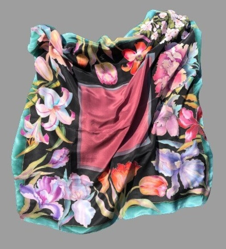 Hand painted silk shawl ′Spring flowers′, 100 % silk designer scarf 39/ ...
