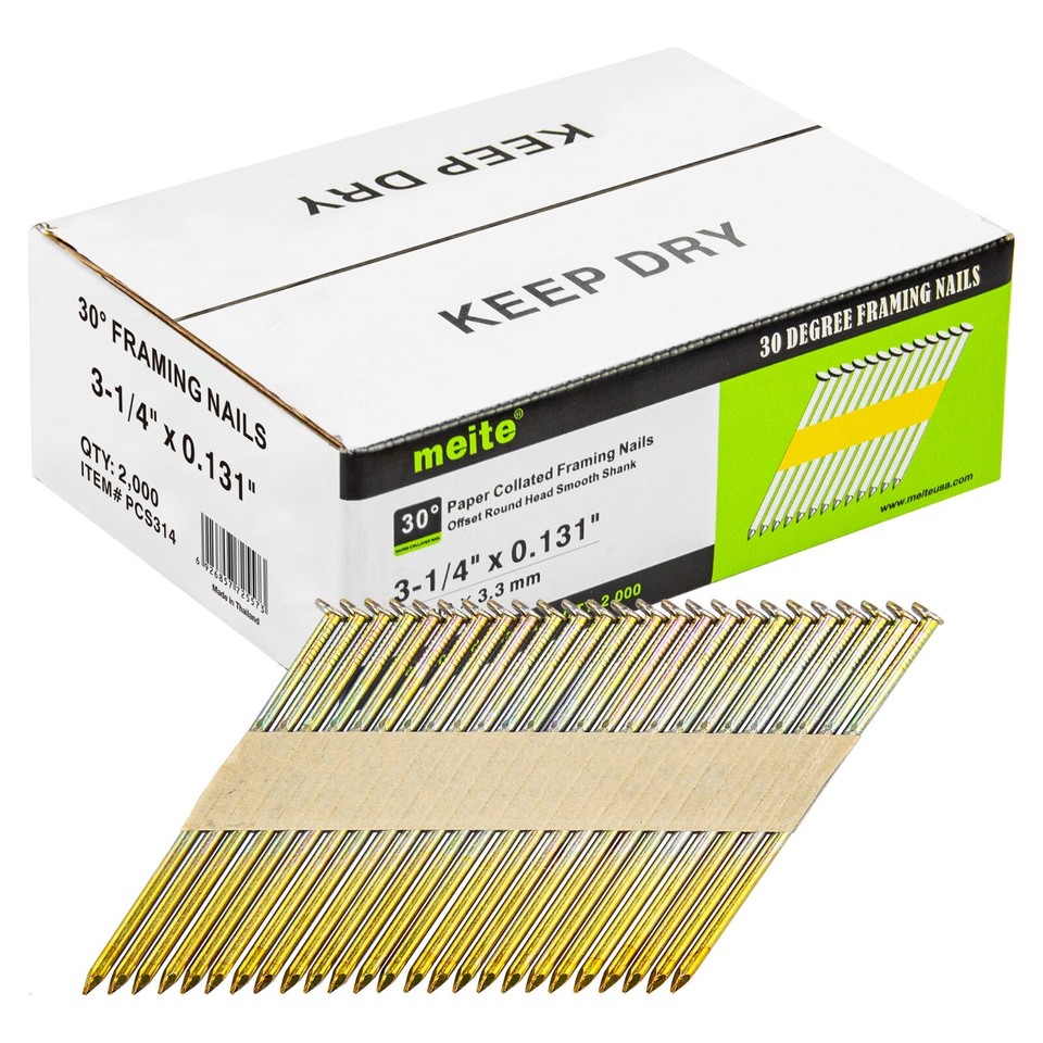 30 Degree 2-3/8" to 3-1/2" Framing Nails Offset Round Head Smooth Shank ...