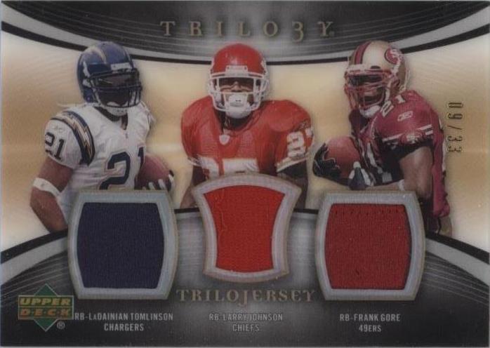 2007 Upper Deck Trilogy - Trilojersey LaDainian Tomlinson, Frank Gore, Larry Johnson #JJ-TJG /33 ...