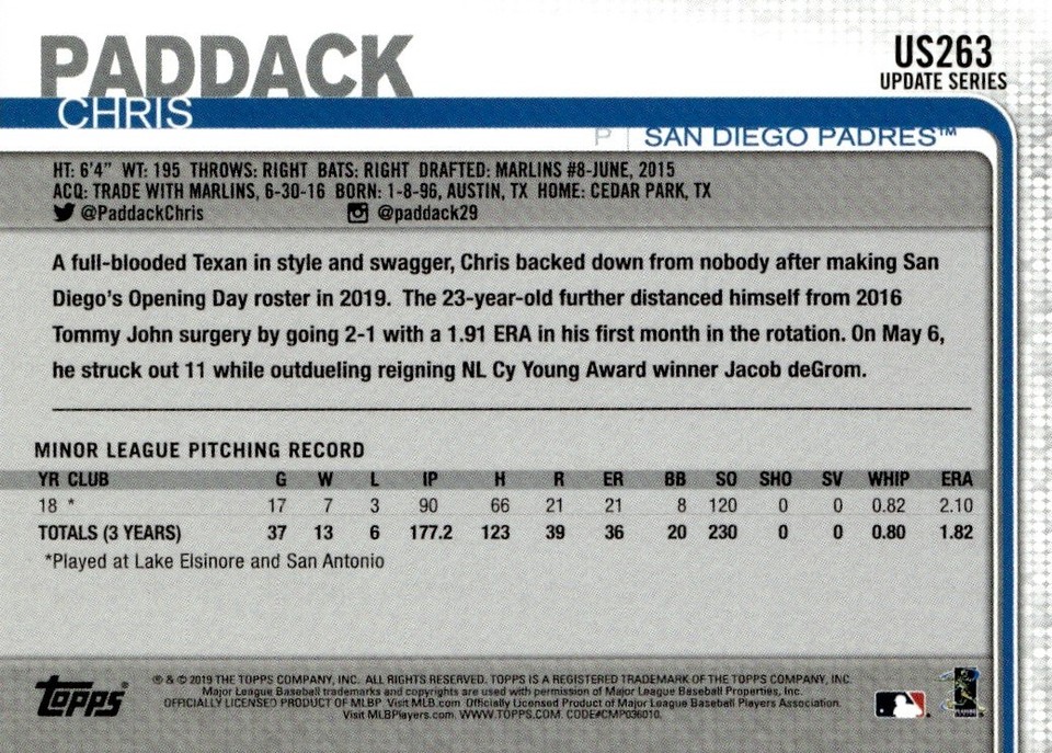 2019 Topps Update Chris Paddack RC San Diego Padres #US263 | eBay
