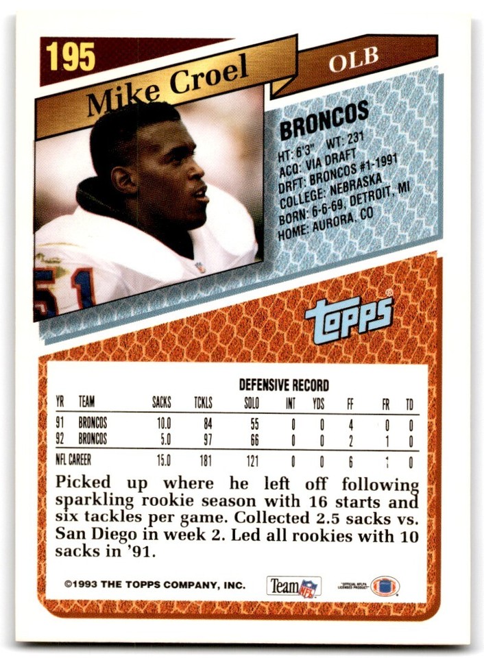 1993 Topps Mike Croel Denver Broncos #195 | eBay