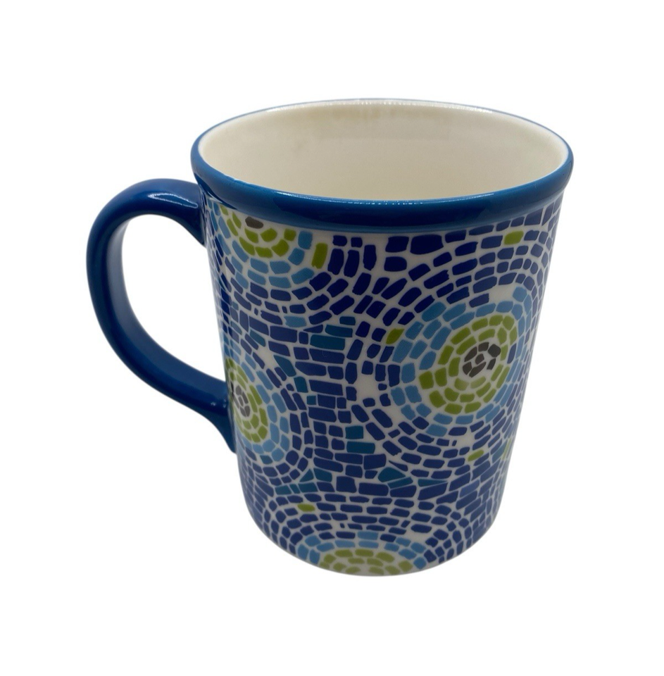 Starbucks 2008 Coffee Cup Mug Blue Green White Mosaic Tile Swirl 16 fl ...