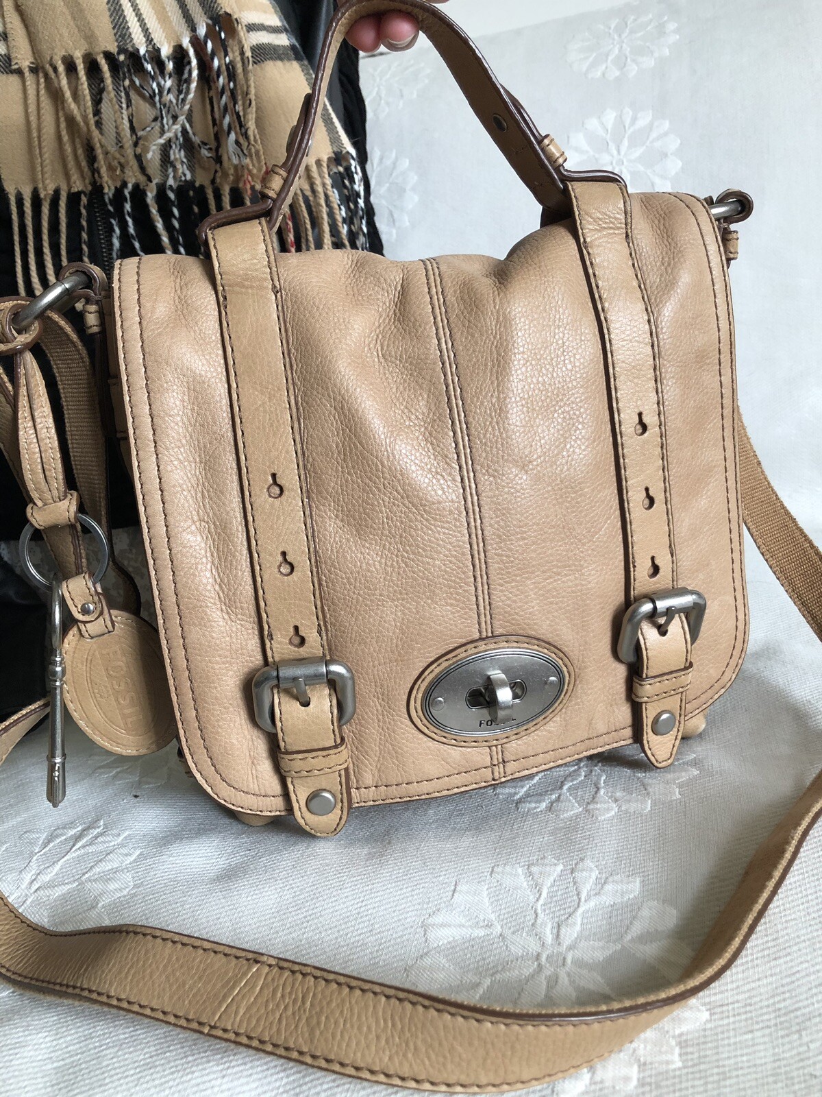 FOSSIL MADDOX Nude/ Tan Leather Flap Satchel Crossbod… - Gem