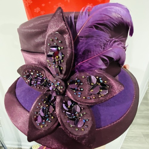 VTG August Accessories Purple Hat Formal Easter Bonnet 100% Wool Satin ...