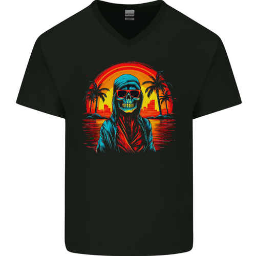A Retrowave Skeleton Holiday Sunset Skull Mens V-Neck Cotton T-Shirt | eBay