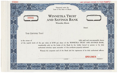 Winnetka Trust and Savings Bank. Stock Certificate. | eBay