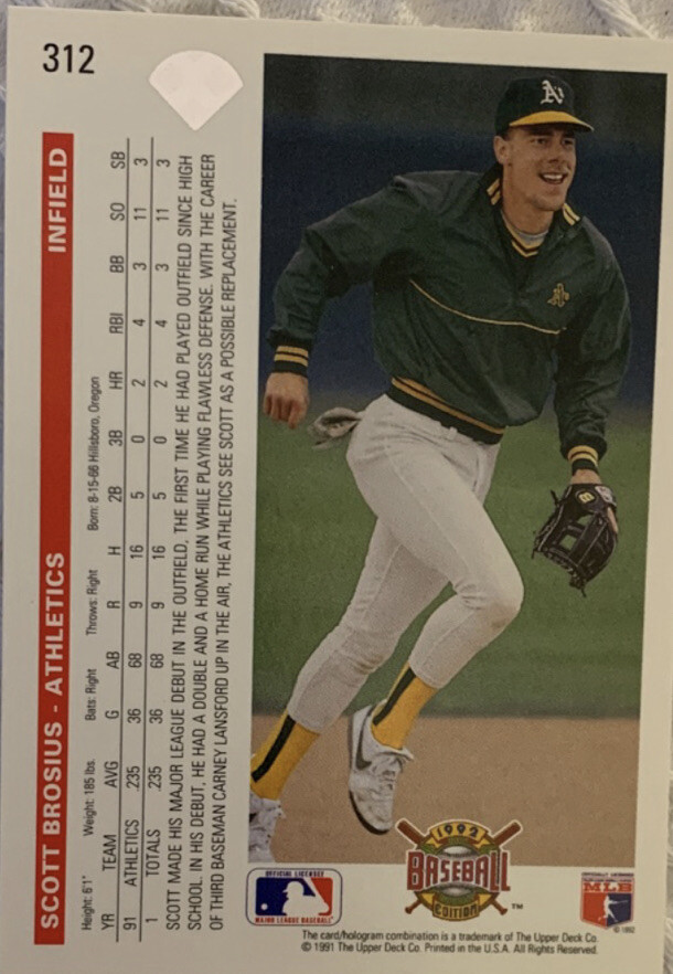 1992 Upper Deck Oakland Athletics Baseball Card #312 Scott Brosius ...