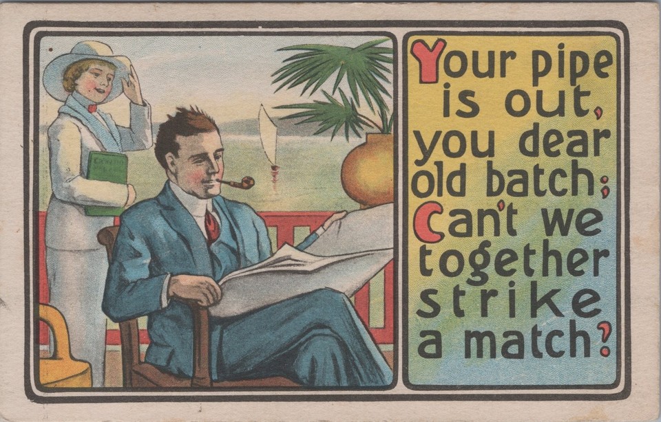 Vintage 1919 Comic Postcard Your Pipe is Out Match Pun Humor | eBay