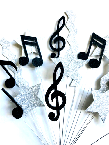 Glitter Sparkly Paper MUSIC NOTES CAKE TOPPER SPRAY BURST BLACK/SILVER ...