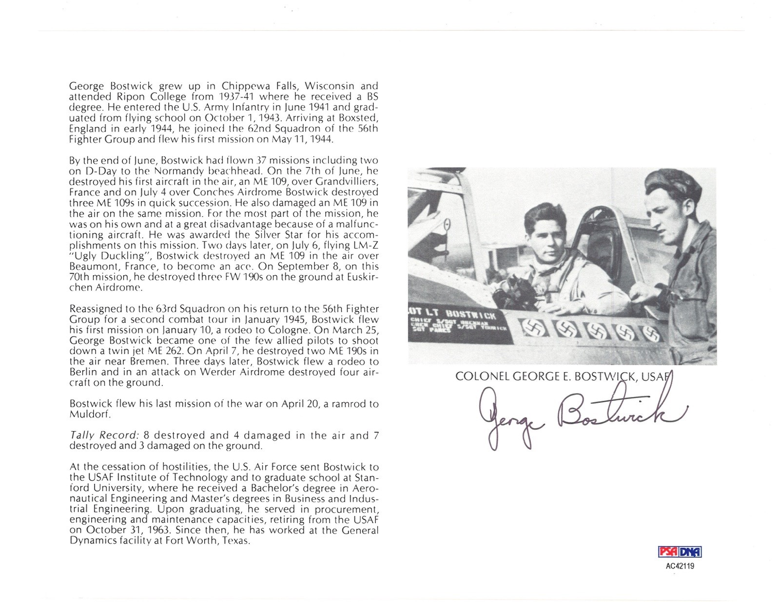 GEORGE BOSTWICK SIGNED 8X10 (D) PSA DNA AC42119 WWII ACE 8V | eBay