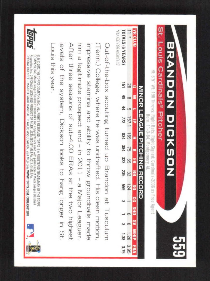 Brandon Dickson RC 2012 Topps St. Louis Cardinals #559 | eBay