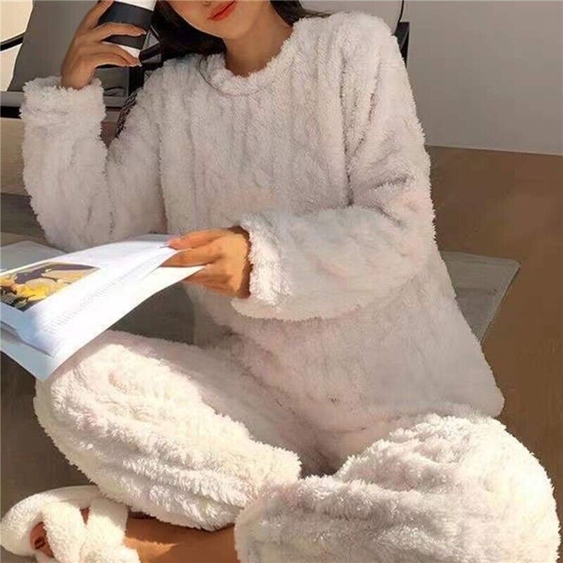 Womens Pyjamas Sets Warm Fleece Loungewear Pjs Winter Fluffy Soft ...