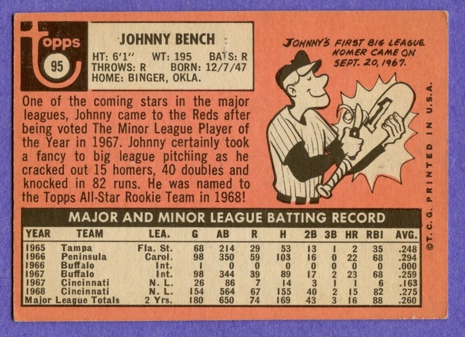 1969 Topps Johnny Bench #95 Topps Rookie VG-EX. | eBay
