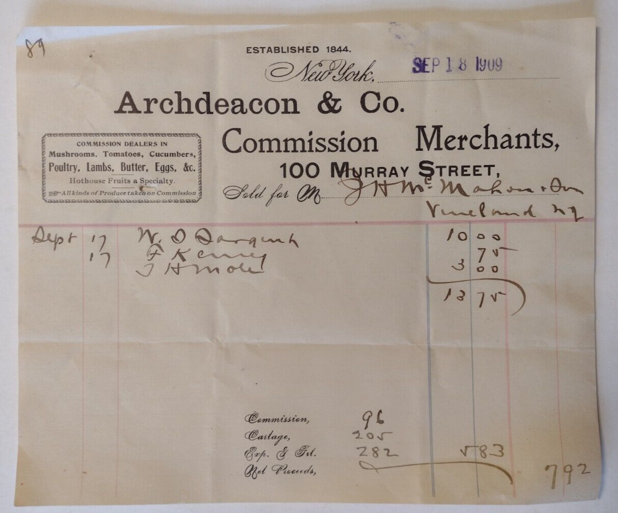1909 Archdeacon & Co. Commission Merchants Invoice Letterhead New York ...