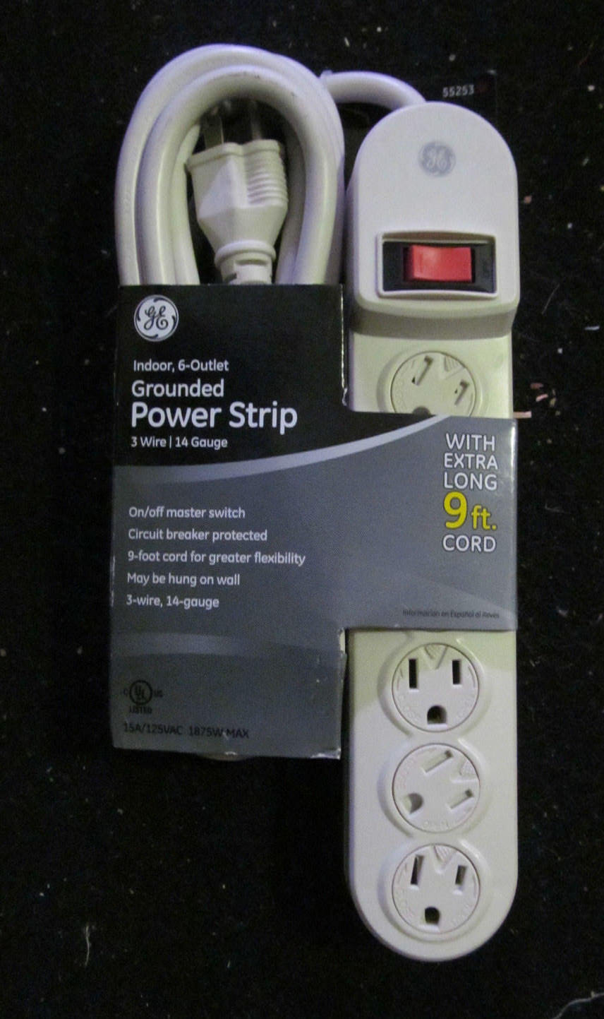 GE 6-Outlet Perpendicular 125V 15A Power Strip with 9-foot Cord Beige ...