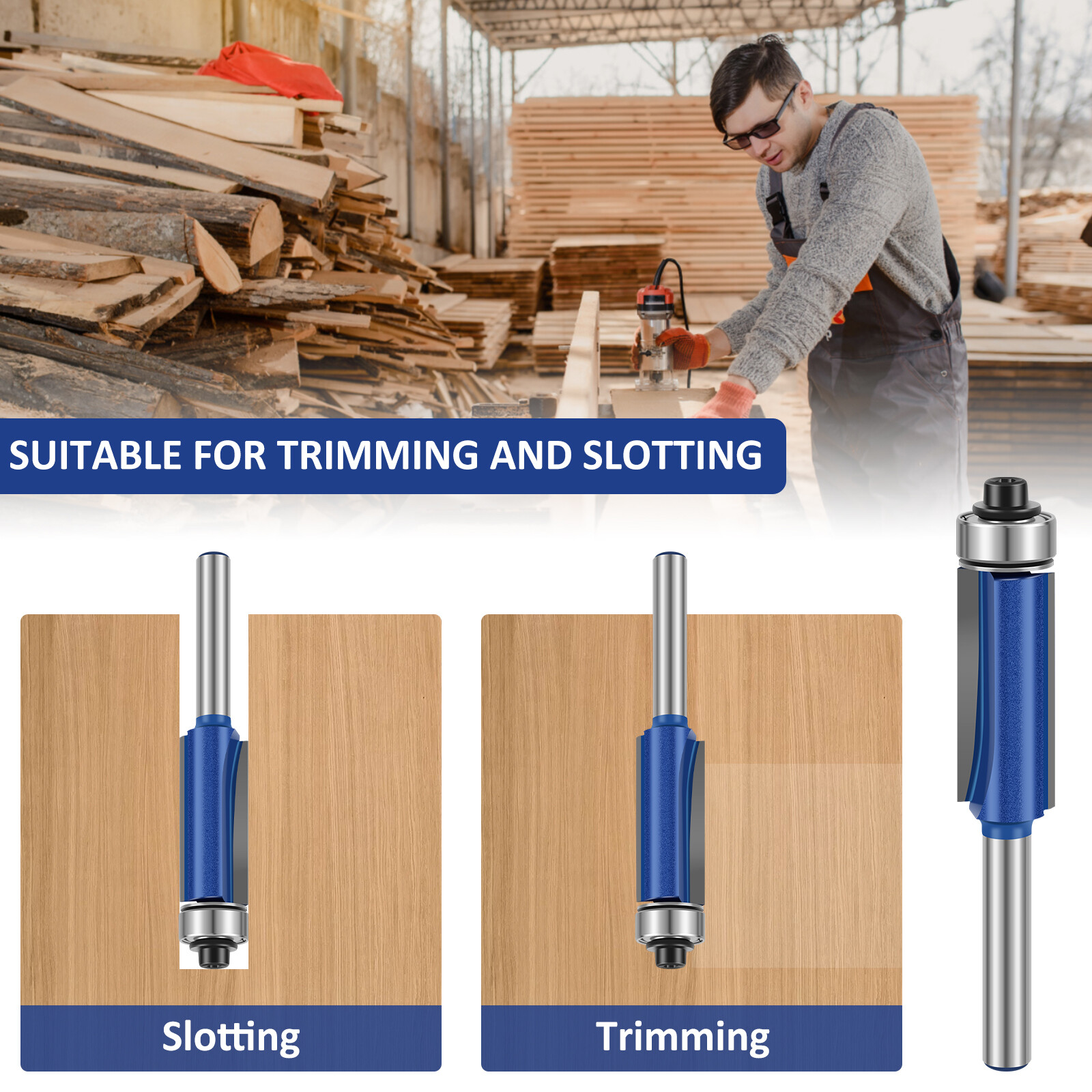 4Pcs 1/4inch Shank Flush Trim Router Bit Set Carbide Top Bearing Wood ...