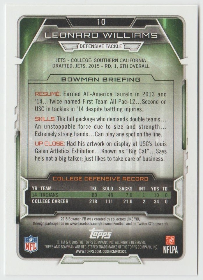 2015 Bowman Football #R10 Leonard Williams RC - New York Jets | eBay