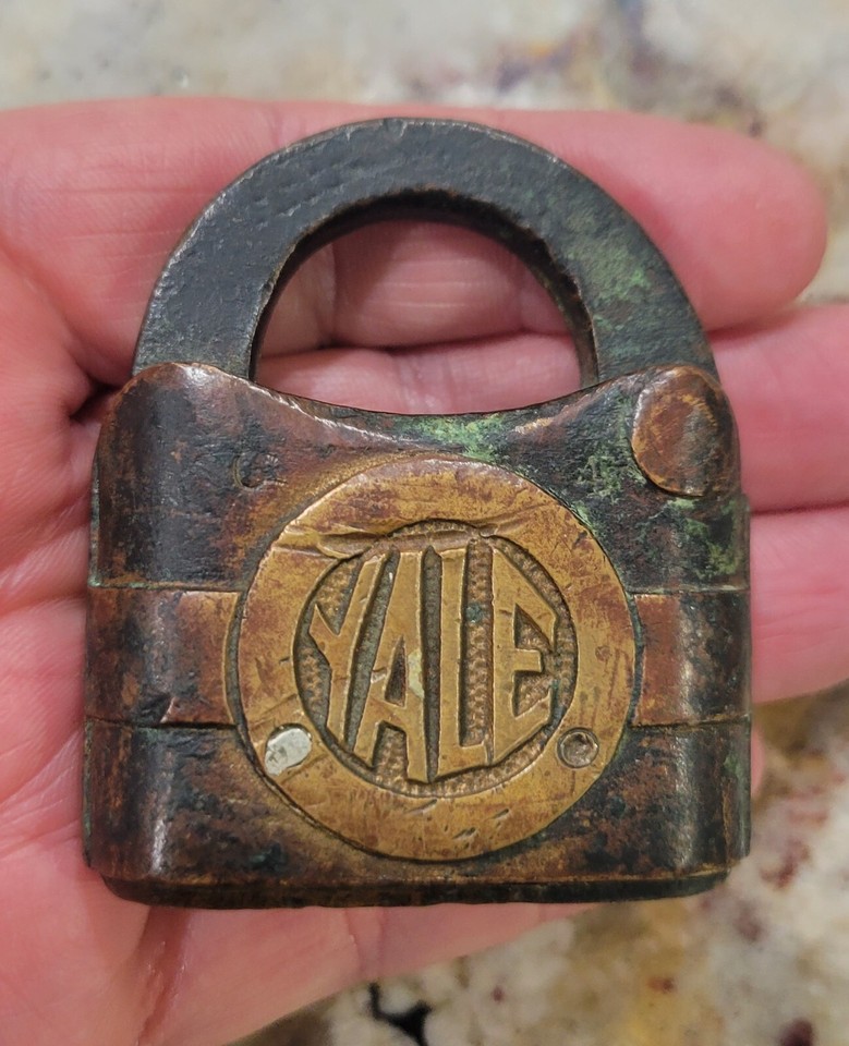 ANTIQUE YALE BRASS EARLY PATENT DESIGN LOCK PADLOCK *NO KEY* 1876 1877 ...